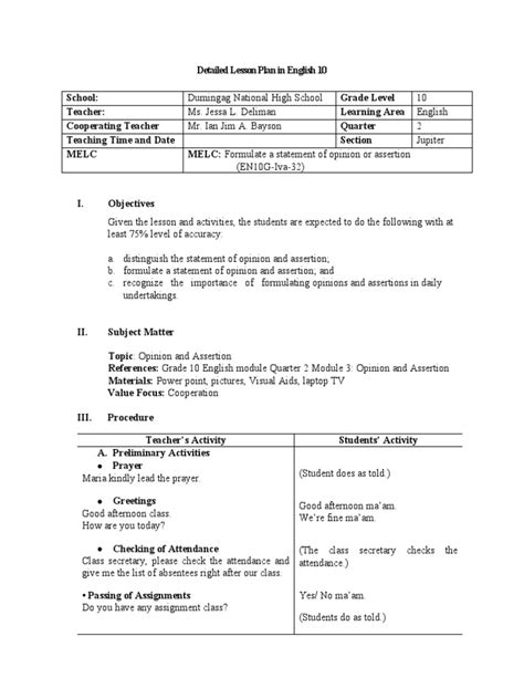 Lp Opinion And Assertion Pdf Teachers Lesson Plan