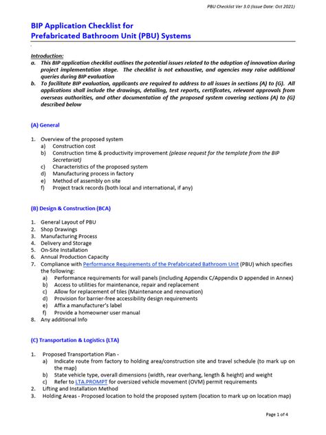 Bip Application Checklist For Prefabricated Bathroom Unit Pbu Systems