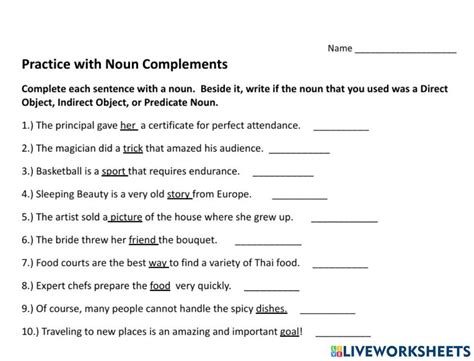 Practice Direct Indirect And Predicate Nouns Worksheet Live Worksheets Library