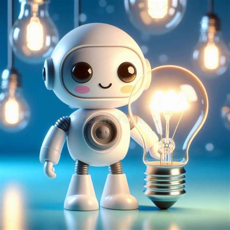 Cute Robot Holding Light Bulb 3d Rendering Generated Ai Stock