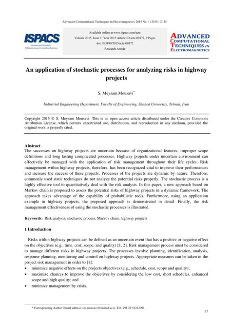 Pdf An Application Of Stochastic Processes For Analyzing Risks In