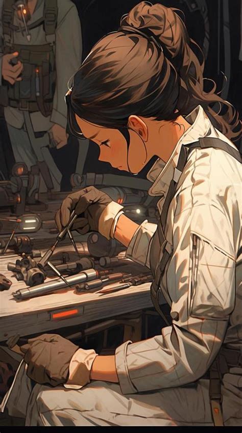 Cute Anime Girl With Spiky Hair Repairing Rusty Robot 44 Photo