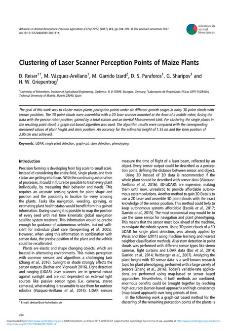 Pdf Clustering Of Laser Scanner Perception Points Of Maize Plants