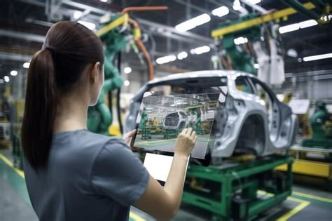 Premium Ai Image Female Automotive Engineer Using Augmented Reality Tablet Computer To Scan