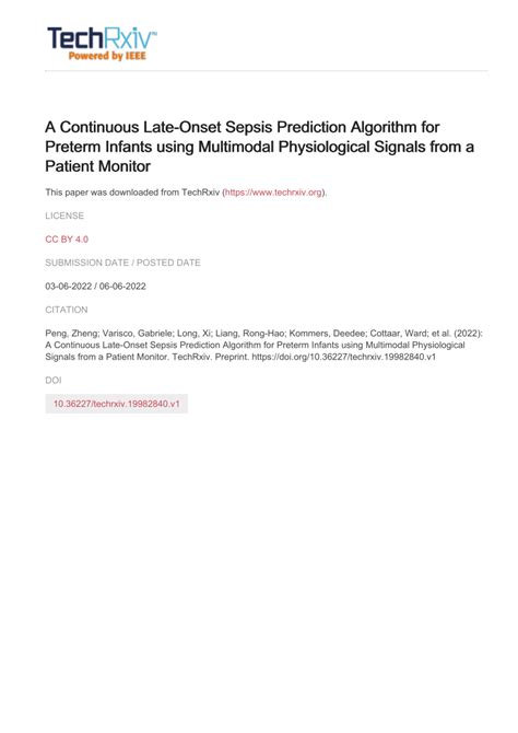 Pdf A Continuous Late Onset Sepsis Prediction Algorithm For Preterm