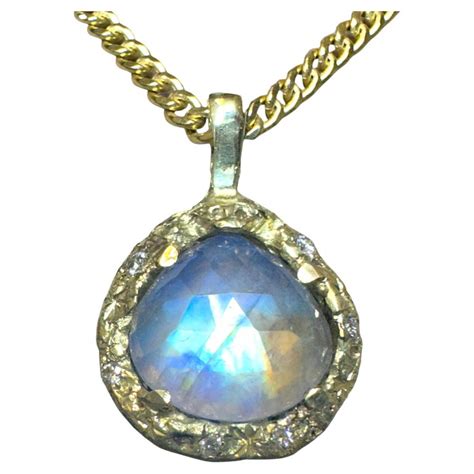 Unique 14k Yellow Gold Moonstone With Diamonds Cuban Chain Necklace For