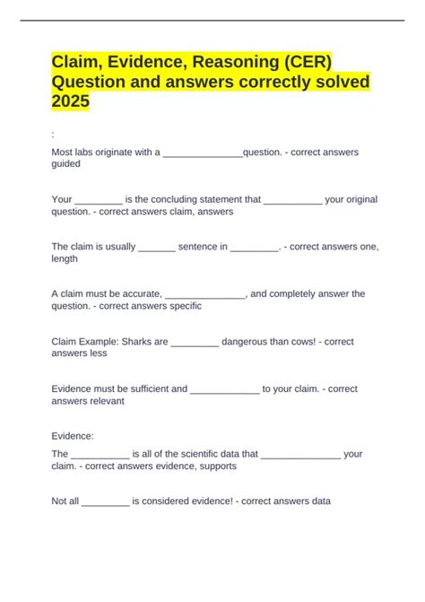 Claim Evidence Reasoning Cer Question And Answers Correctly Solved