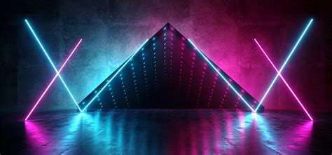 네온 빛나는 Led 레이저 가상 현실 착시 무한대 글로우 미러 상자 그런 지 콘크리트 반사 방 형광 활기찬 파란색 보라색 빛나는 조명 추상 갤러리 3d 렌더링 0명에 대한