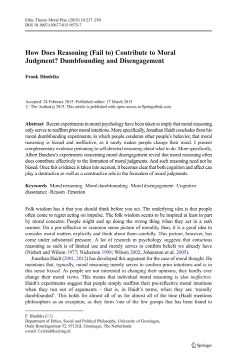 Pdf How Does Reasoning Fail To Contribute To Moral Judgment