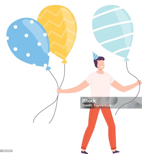 화려한 풍선을 들고 젊은 남자 생일또는 중요한 이벤트 만화 스타일 벡터 일러스트를 축하하는 작은 사람 남성에 대한 스톡 벡터 아트 및 기타 이미지 Istock