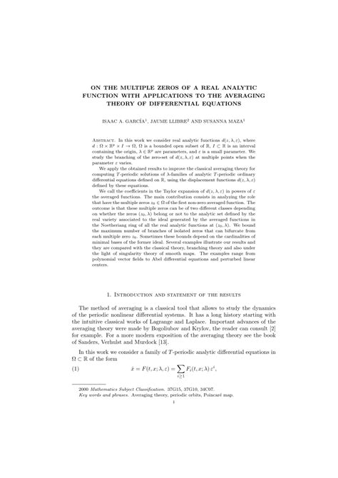 Pdf On The Multiple Zeros Of A Real Analytic Function With Applications To The Averaging