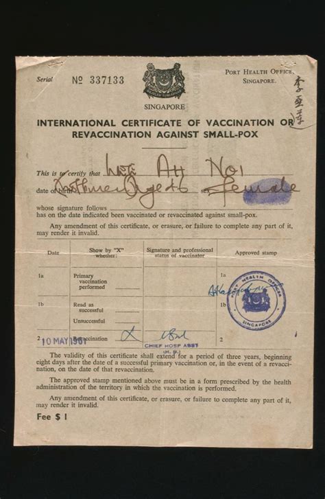 International Certificate Of Vaccination Or Revaccination Against Smallpox