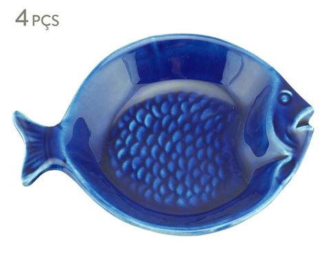 Jogo De Pratos Peixe Ocean Azul 14x2 8x10 9cm Jogo De Pratos
