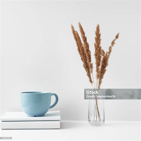 책 더미에 머그잔과 말린 꽃이 있는 투명한 화병 실내 장식 미니멀리즘의 친환경 소재 공간을 복사하고 모의합니다 0명에 대한 스톡 사진 및 기타 이미지 Istock