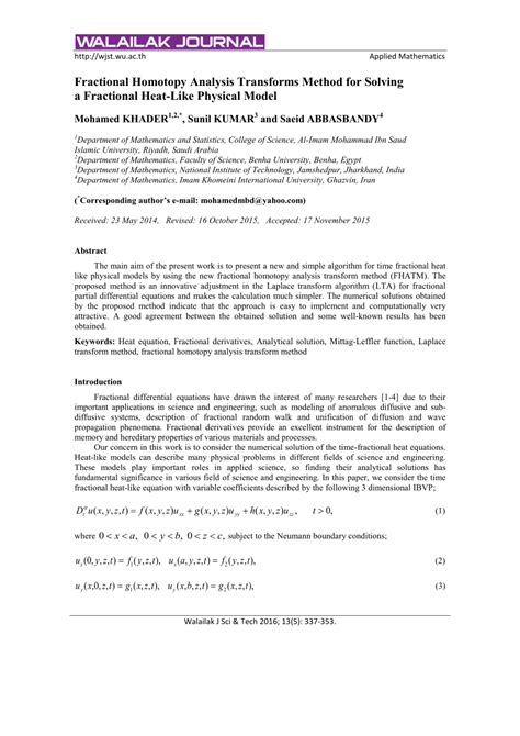 Pdf Fractional Homotopy Analysis Transforms Method For Solving A Fractional Heat Like Physical