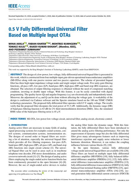 Pdf 05 V Fully Differential Universal Filter Based On Multiple Input Otas