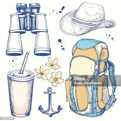 여행 배낭 모자 플라스틱 컵 쌍안경으로 손으로 그린 세트 흰색 바탕에 스케치 스타일에서 벡터 일러스트입니다 디자인에 대 한 브러시 서 예 요소입니다 필기 잉크 레터링 0명에