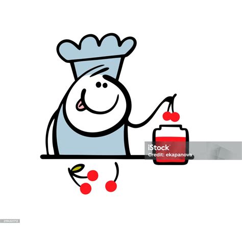 모자를 쓴 재미있는 생과자 요리사가 빨간 딸기로 잼을 만듭니다 부엌에 있는 남자가 항아리에 체리를 넣고 입술을 핥는 벡터 그림 흰색 배경에 고립 된 낙서 문자입니다 가정