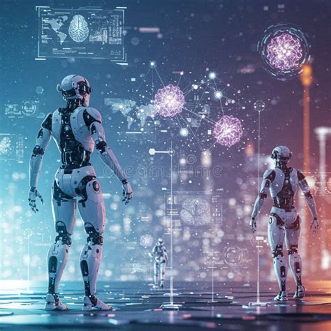 Futuristic Scene with Humanoid Robots in a Digital Environment Stock Illustration - Illustration ...