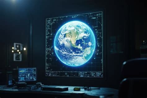 High Tech Workspace Displays A Globe With Intricate Data Overlays For Analysis Stock Image