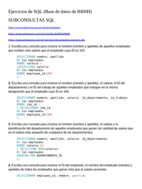 ejercicios de sql base de datos de rrhh subconsultas pdf sql
