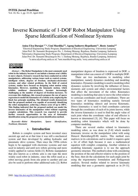 PDF Inverse Kinematic Of DOF Robot Manipulator Using Sparse Identification Of Nonlinear System