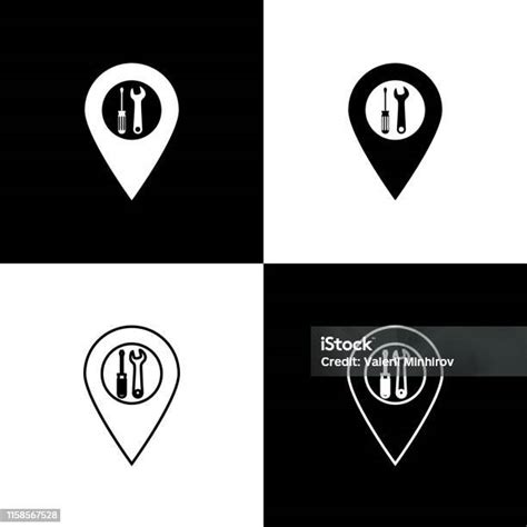 교차 드라이버 및 렌치 도구 아이콘이 흑백 배경에 격리된 위치를 설정합니다 포인터 설정 기호입니다 벡터 일러스트레이션 공구상자에 대한 스톡 벡터 아트 및 기타 이미지