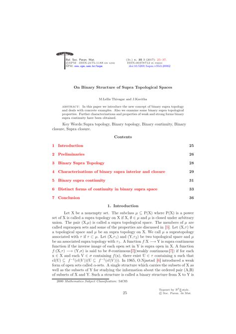 Pdf On Binary Structure Of Supra Topological Space