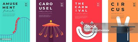 관람차 롤러 코스터 회전 목마 및 광대 실루엣이있는 다채로운 놀이 공원 포스터 유원지와 서커스 테마 전단지 초대 또는 카니발 축하 행사를 위한 플랫 벡터 디자인입니다