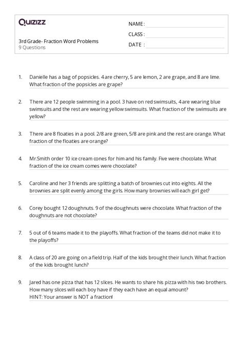 50+ Fraction Word Problems worksheets for 3rd Grade on Quizizz | Free ...