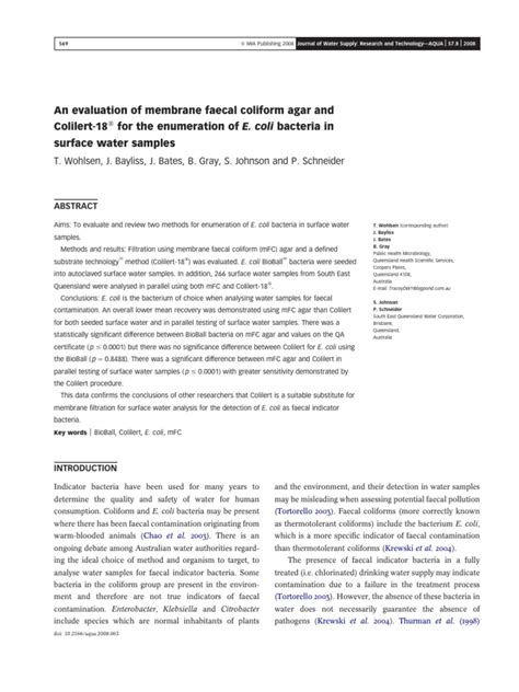 An Evaluation Of Membrane Faecal Coliform Agar And Colilert 18® For The