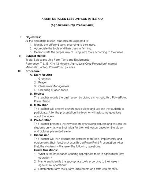 Tle Lesson Plan Supplementary A Semi Detailed Lesson Plan In Tle Afa Agricultural Crop