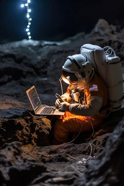 A Man Programmer In A Spacesuit Coding Using A Laptop Computer On The Moon Work Remote On The