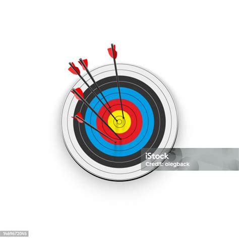 화살표가 있는 3d 양궁 대상 전면 보기 벡터 그림 노란색 중앙 불스 아이 빨간색 검은 색 및 파란색 고리가있는 현실적인 고립 된 원형 다트 보드로 궁수 다트 또는 화살로
