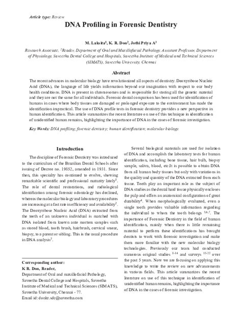 Pdf Dna Profiling In Forensic Dentistry