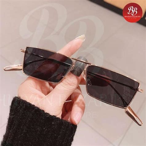 Slim Narrow Color Tinted Metal Frame Angular Rectangle Sunglasses For