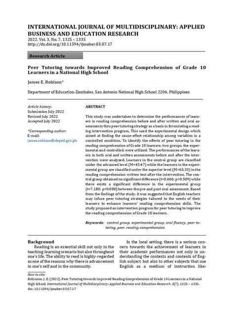 Peer Tutoringtowards Improved Reading Comprehensionof Grade 10 Learnersina National High School