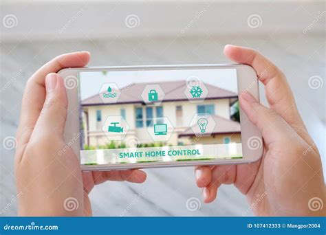 Hand Using Smart Phone As Smart Home Control Application Smart Stock Image Image Of Design