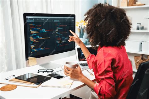 Premium Photo Young Working African Woman Creating Coding Website Developer Thinking Data