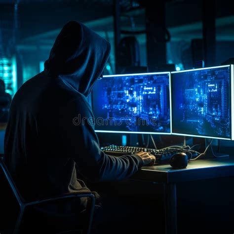 Hacker In A Hood Works In A Dark Office A Person Sitting At A Desk In Front Of Two Computer