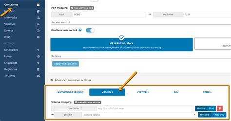 how to access docker container shell and mount volumes using portainer