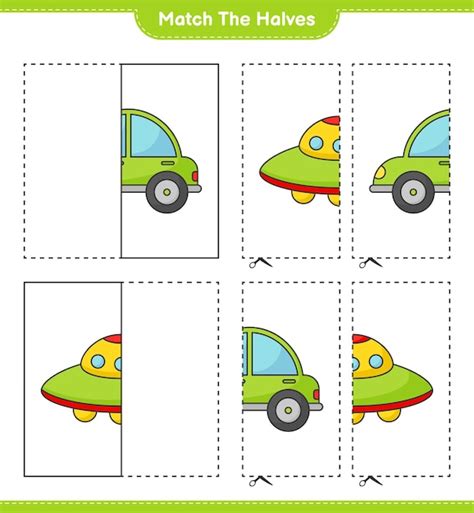 반쪽 일치 자동차 및 Ufo 교육용 어린이 게임 인쇄용 워크시트의 반쪽 일치 프리미엄 벡터