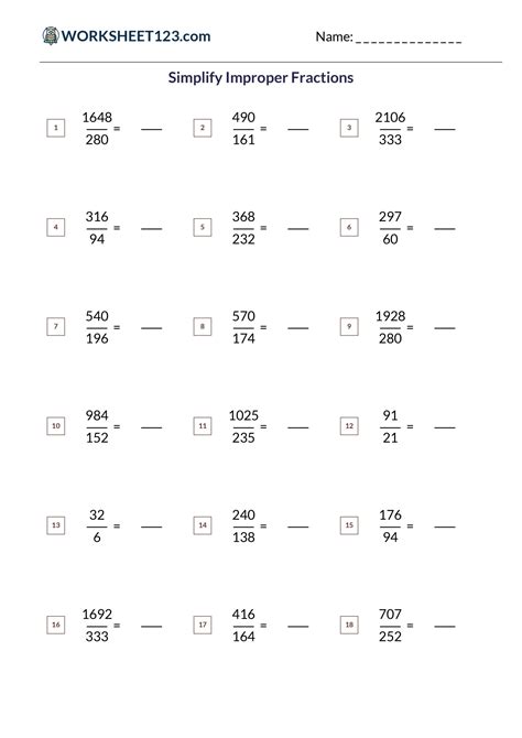 Simplify Improper Fractions Worksheets Math Drills