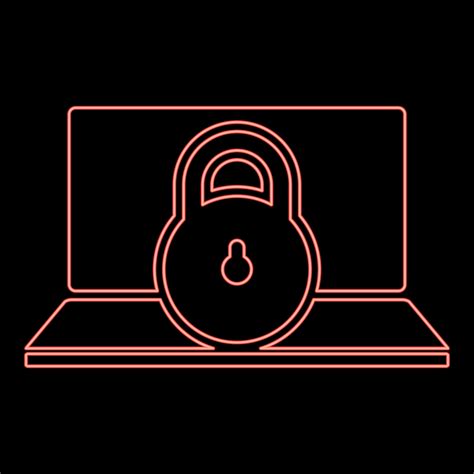 Neon Laptop Lock Personal Data Security Cyber Access Concept Locked Padlock Use Red Color Vector