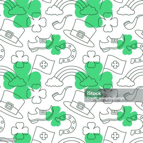세인트 패트릭의 날 손으로 그린 만화 평면 스타일 일러스트 레이 션에 장식 요소를 특징으로하는 완벽 한 패턴 디자인 0명에 대한 스톡 벡터 아트 및 기타 이미지 Istock