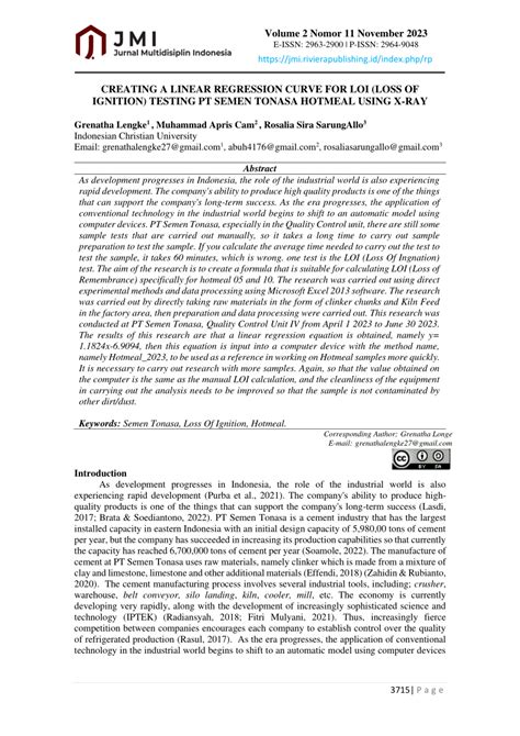 PDF Creating A Linear Regression Curve For Loi Loss Of Ignition Testing PT Semen Tonasa
