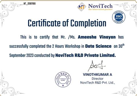 Completed Data Science Workshop By Novitech Erameesha Vinayan Posted