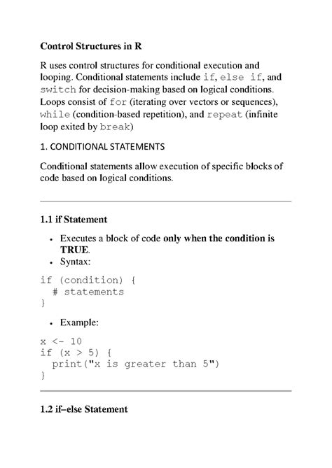 R Programming Control Structures Conditional And Looping Techniques