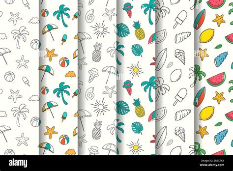 Hand Drawn Summer Patterns Collection With Summer Elements Stock Vector