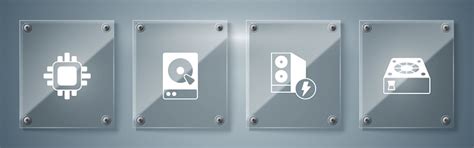 Set Computer Cooler Case Of Computer Hard Disk Drive Hdd And Processor With Cpu Square Glass